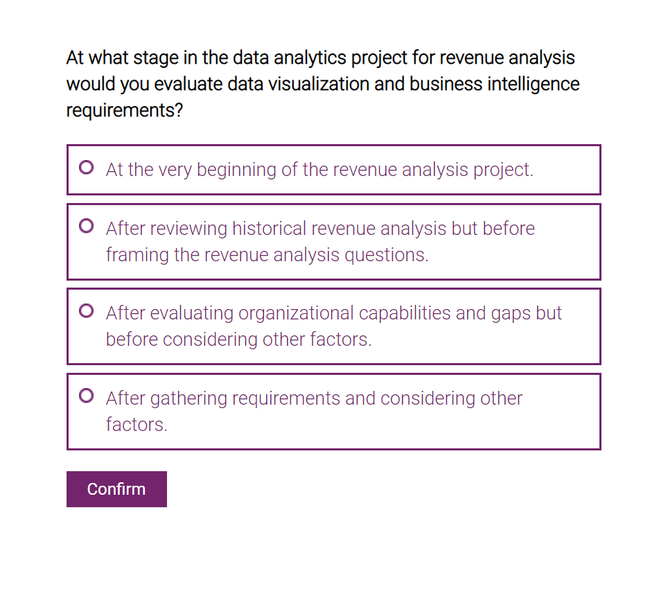 Solved At what stage in the data analytics project for | Chegg.com
