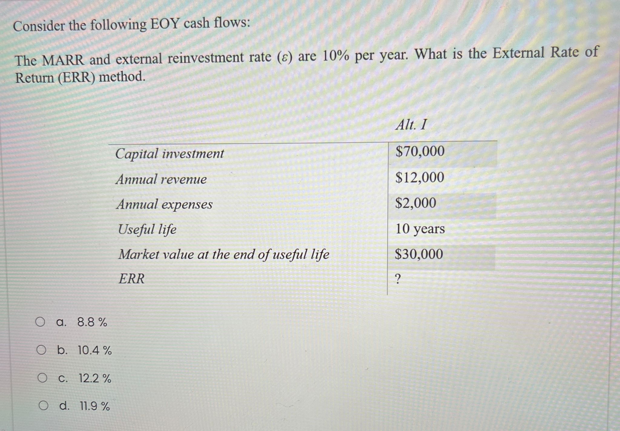 Solved Consider the following EOY cash flows: The MARR and | Chegg.com