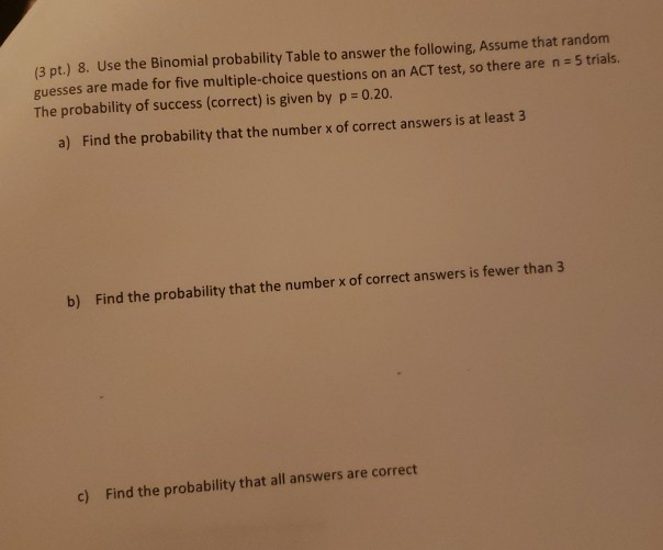 Solved (3 pt.) 8. Use the Binomial probability Table to | Chegg.com