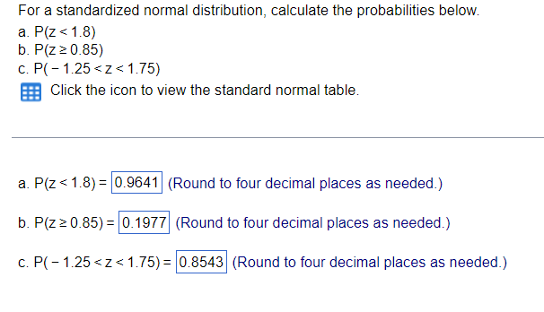 Solved For a standardized normal distribution, calculate the | Chegg.com