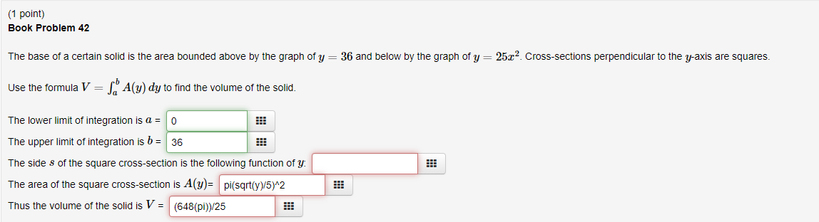 Solved (1 point) Book Problem 42 The base of a certain solid | Chegg.com