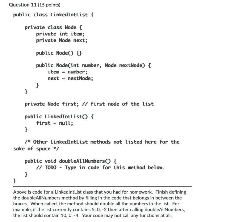 Solved java question 11 public class LinkedIntList { | Chegg.com