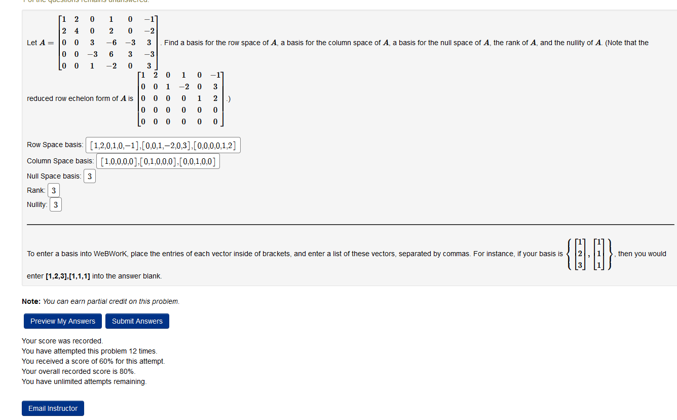 Solved Row Space basis: Column Space basis: Null Space | Chegg.com