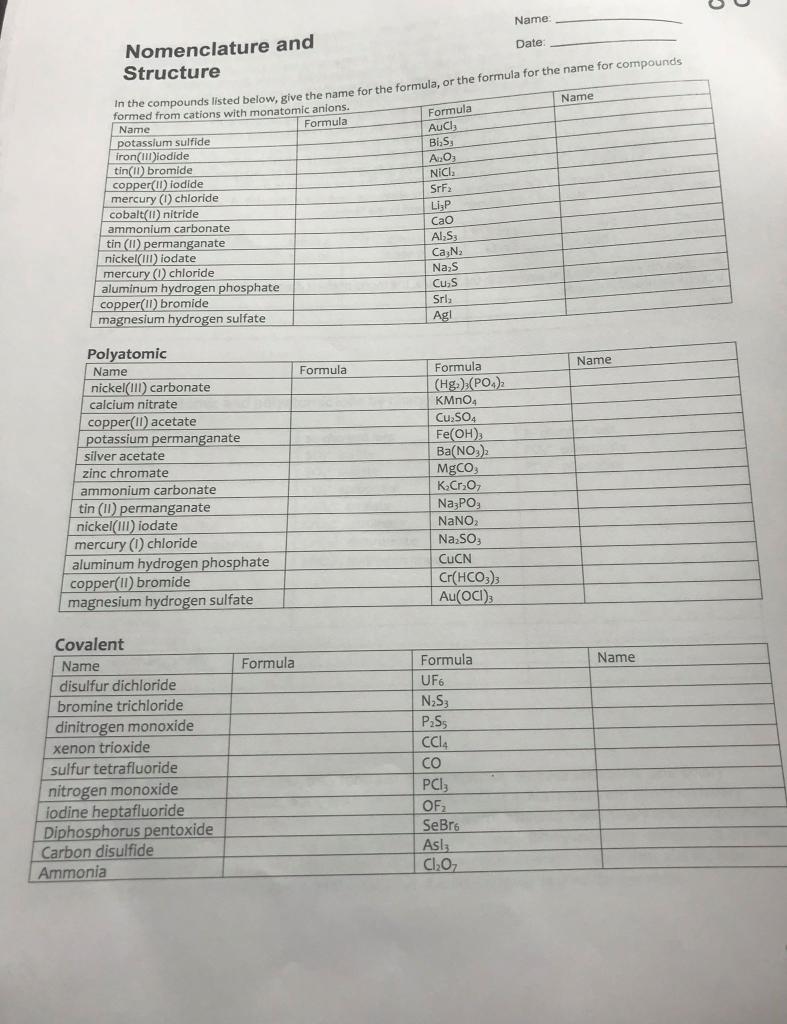 Solved Name Name Nomenclature and Date: Structure In the | Chegg.com
