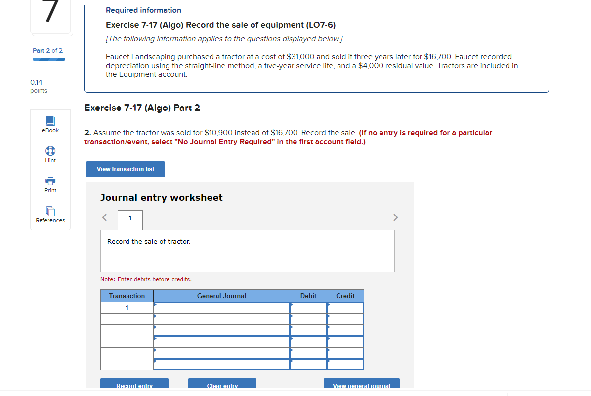 Solved Required information Exercise 7-17 (Algo) Record the | Chegg.com