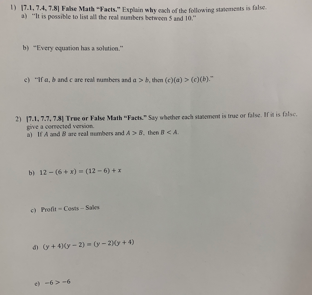 Solved 1) 17.1, 7.4, 7.8] False Math "Facts.” Explain why | Chegg.com