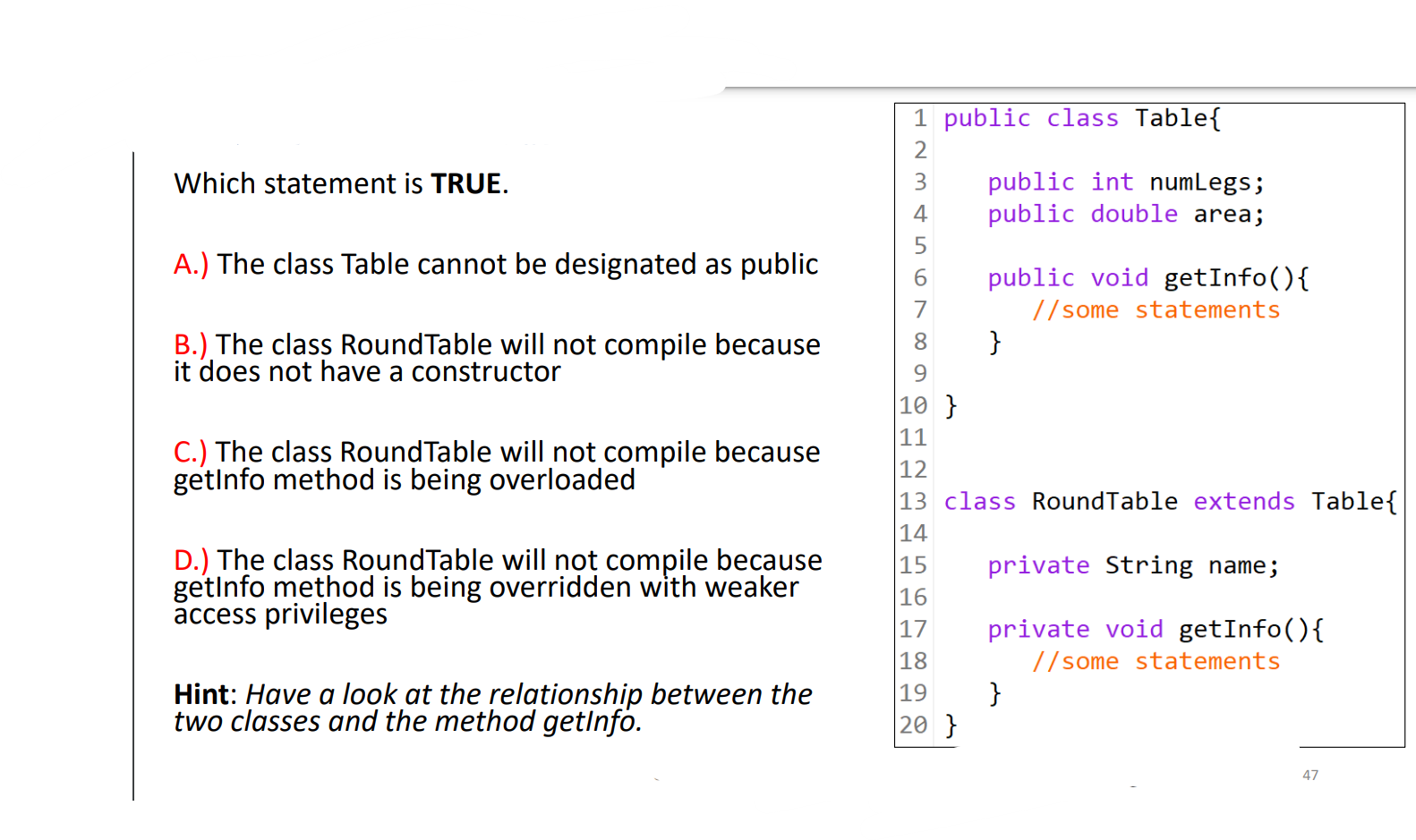 Solved Which statement is TRUE. A.) The class Table cannot | Chegg.com