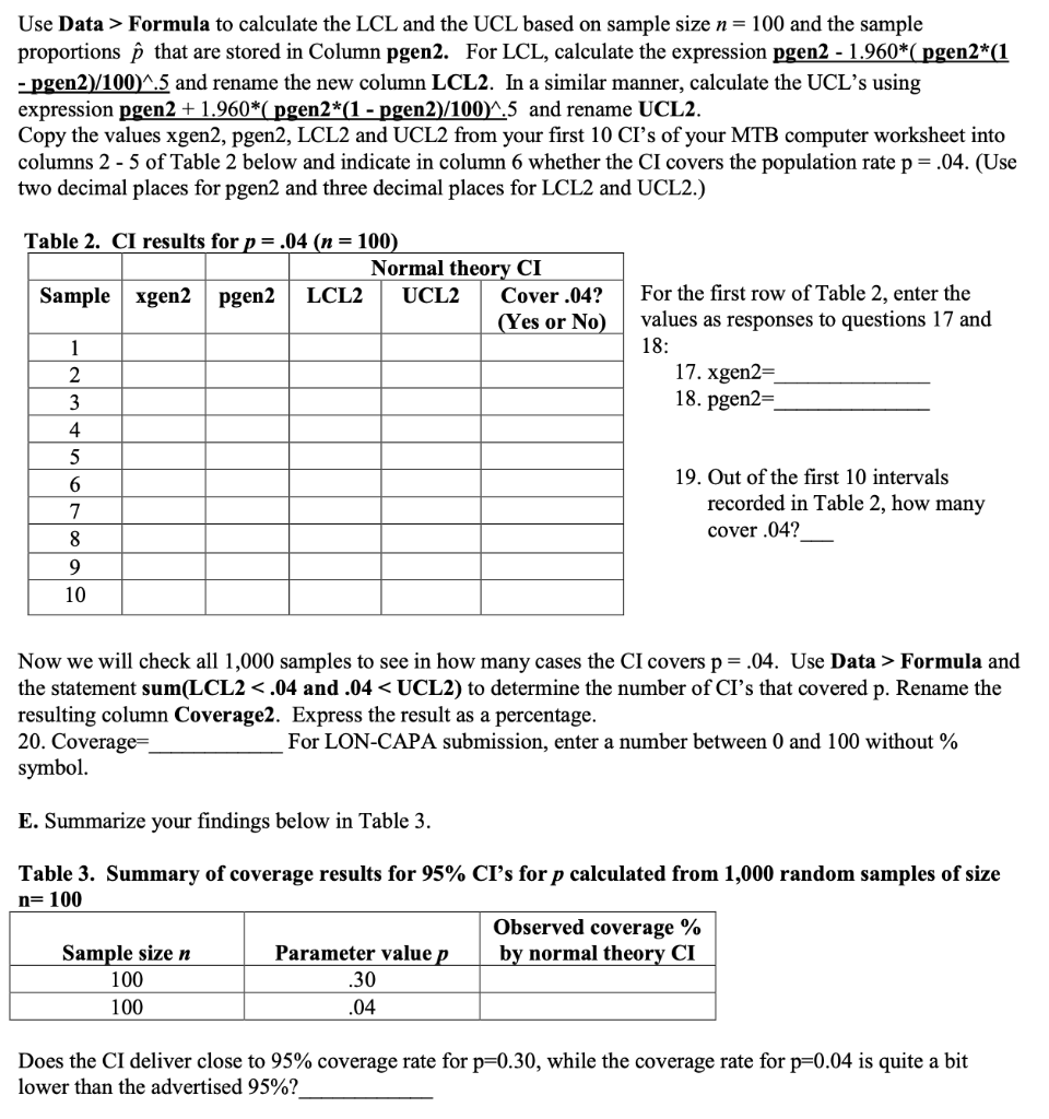 Use Data > Formula to calculate the LCL and the | Chegg.com