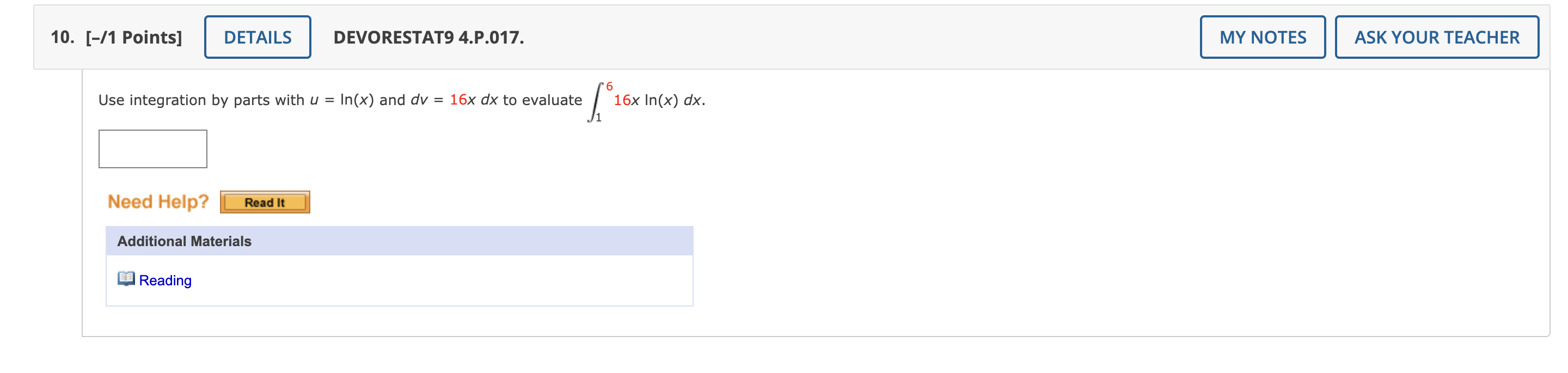 Solved [-/1 Points] DEVORESTAT9 4.P.017. Use integration by | Chegg.com