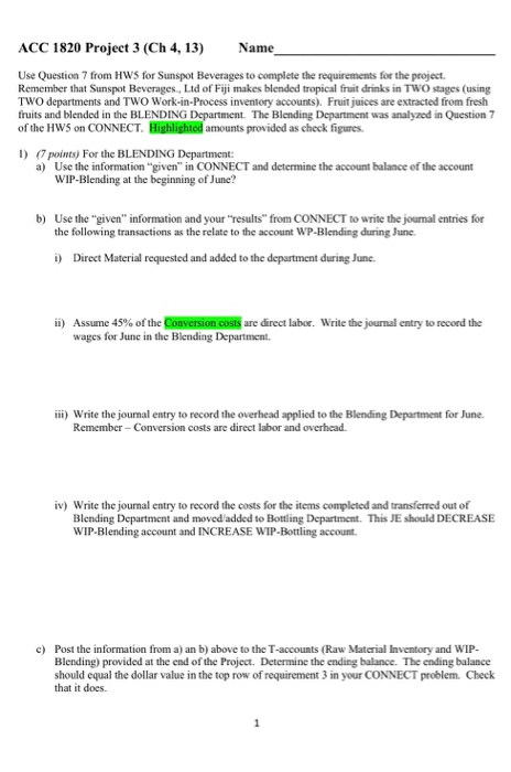 Solved ACC 1820 Project 3 (Ch 4, 13) Name Use Question 7 | Chegg.com