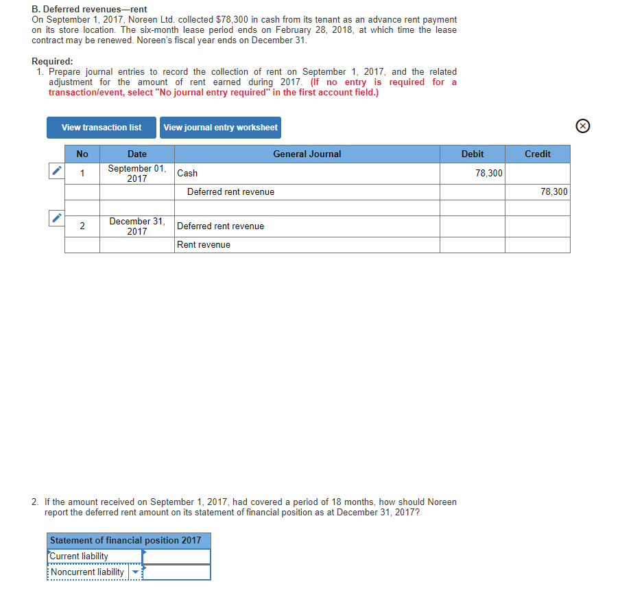 Solved B. Deferred revenues-rent On September 1, 2017, | Chegg.com
