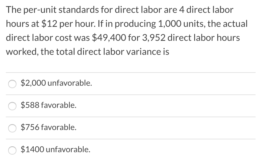 Solved The per-unit standards for direct labor are 4 direct | Chegg.com