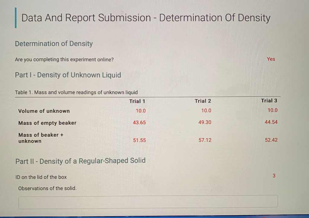 Solved Data And Report Submission - Determination Of Density | Chegg.com