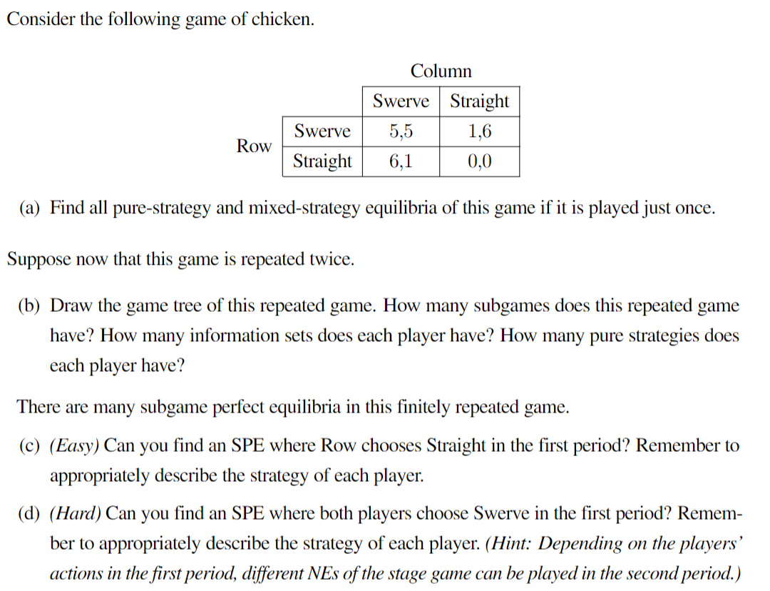 Consider the following game of chicken. (a) Find all | Chegg.com