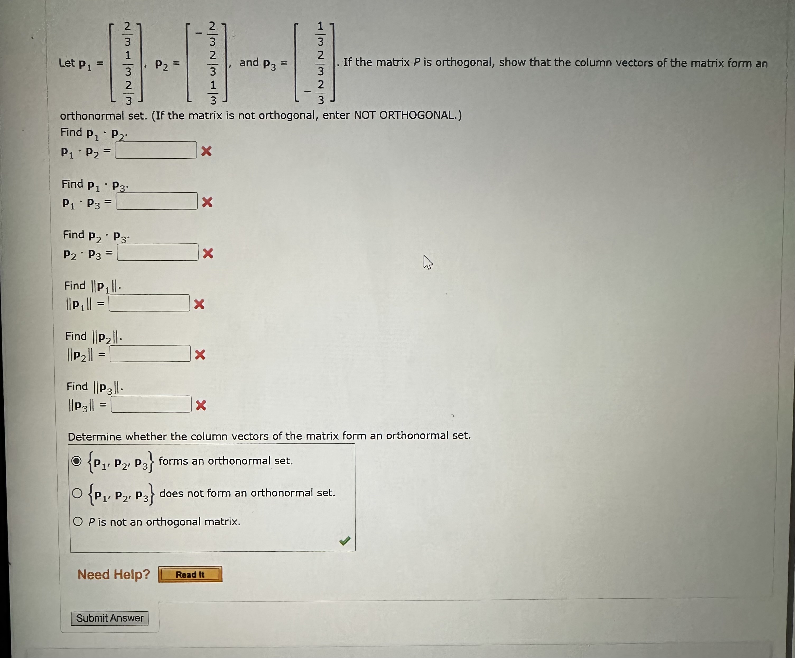 Solved Let p1=⎣⎡323132⎦⎤,p2=⎣⎡−323231⎦⎤, and p3=⎣⎡3132−32⎦⎤. | Chegg.com