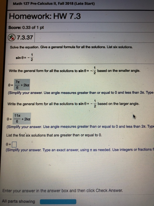 Solved Math 127 Pre-Calculus II, Fall 2018 (Late Start) | Chegg.com