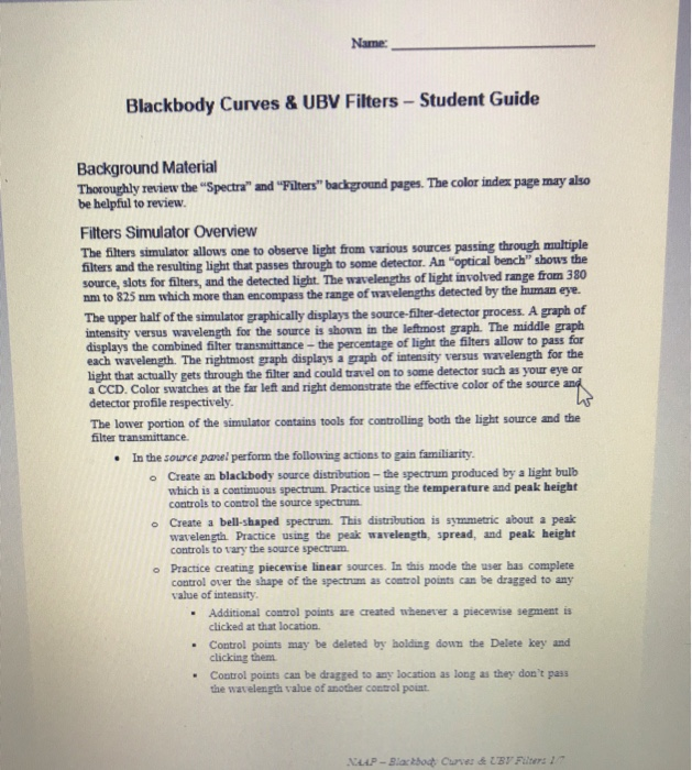 Name: Blackbody Curves & UBV Filters - Student Guide | Chegg.com