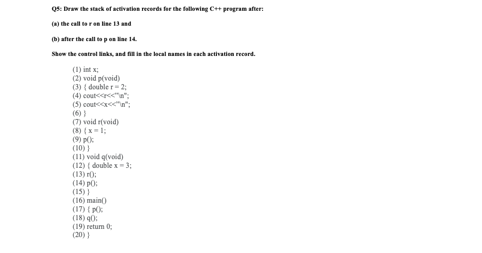 Solved Q5: Draw the stack of activation records for the | Chegg.com