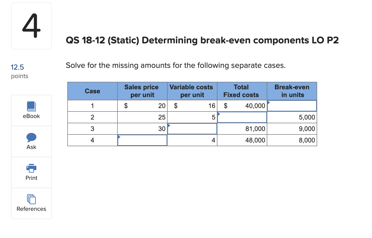 Solved QS 18 12 Static Determining Break even Components Chegg