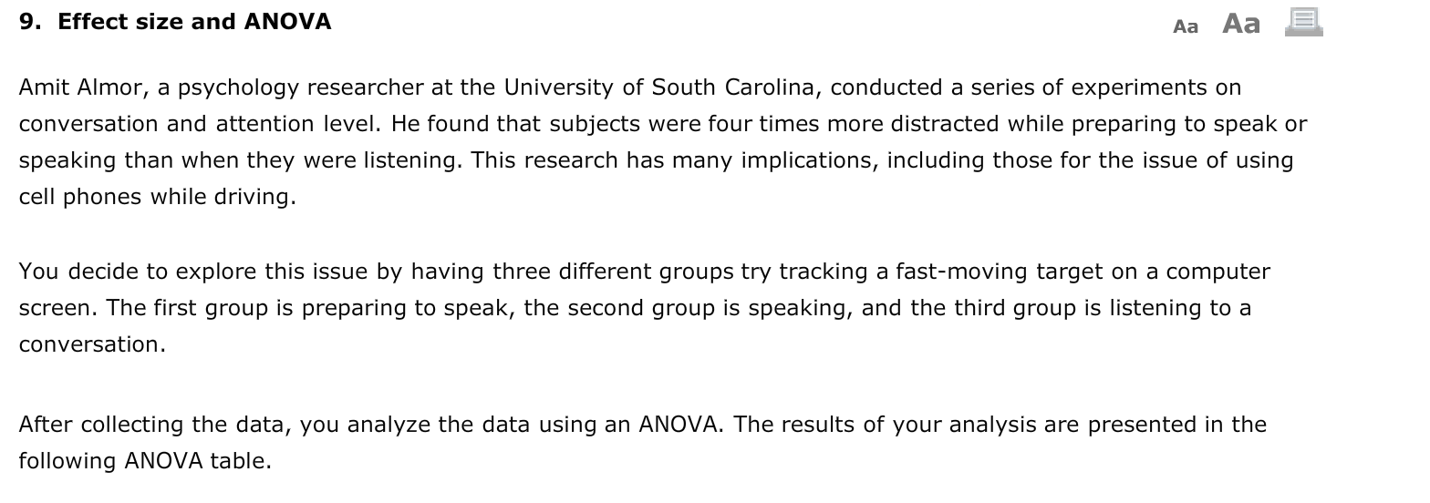 Solved 9. Effect size and ANOVA Aa Aa Amit Almor, a | Chegg.com