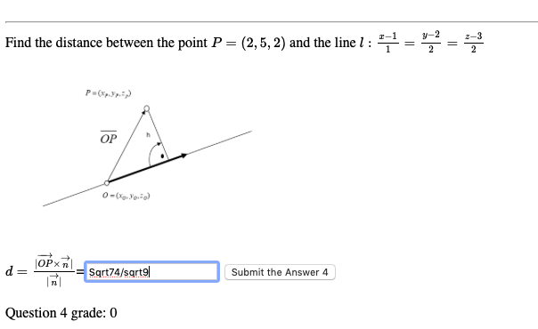 Solved Find the distance between the point P=(2,5,2) and the | Chegg.com