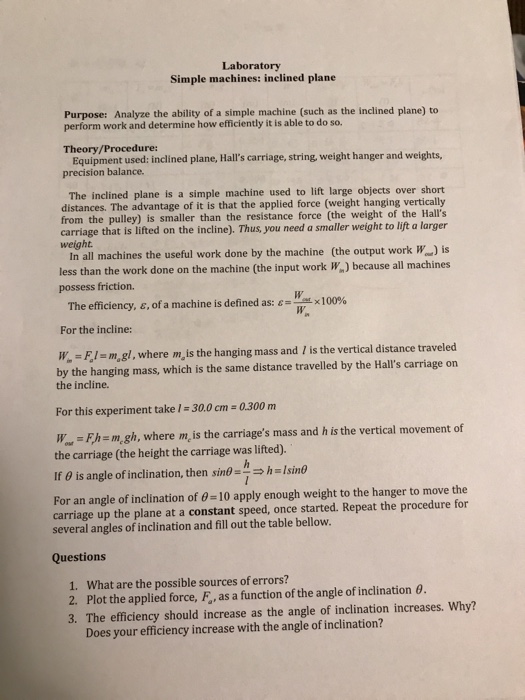 Solved Laboratory Simple machines: inelined plane Purpose: | Chegg.com