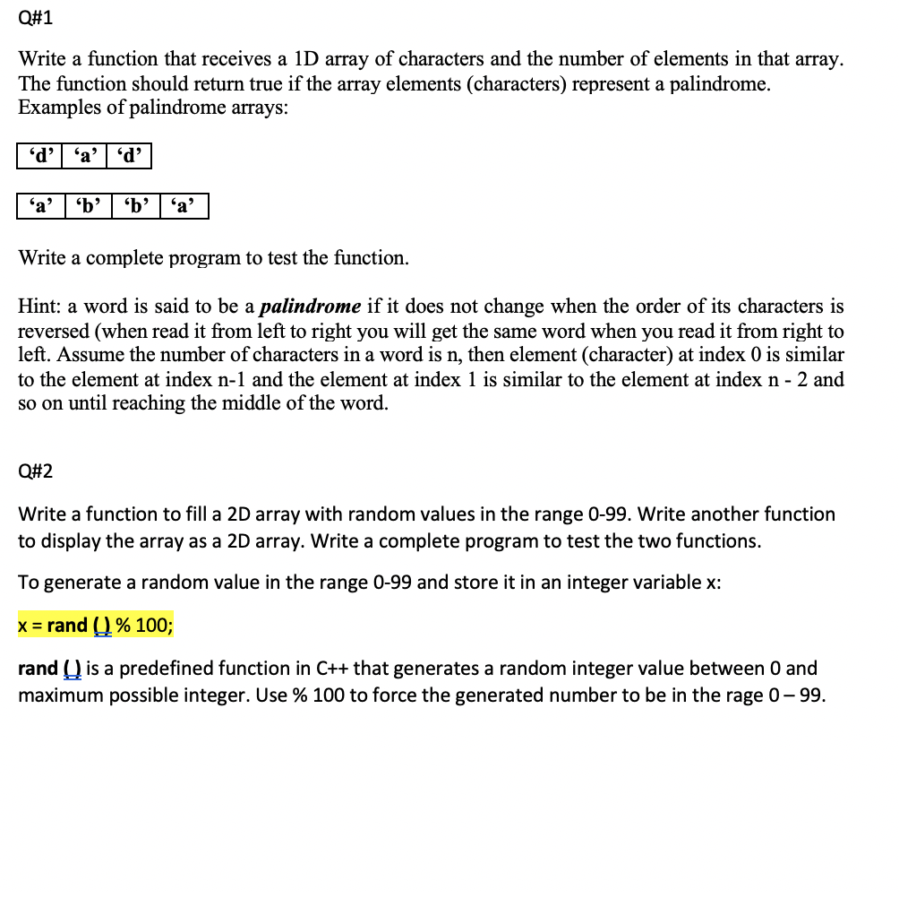 Solved Q#1 Write a function that receives a 1D array of | Chegg.com