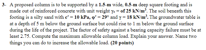 Solved 3- A proposed column is to be supported by a 1.5-m | Chegg.com