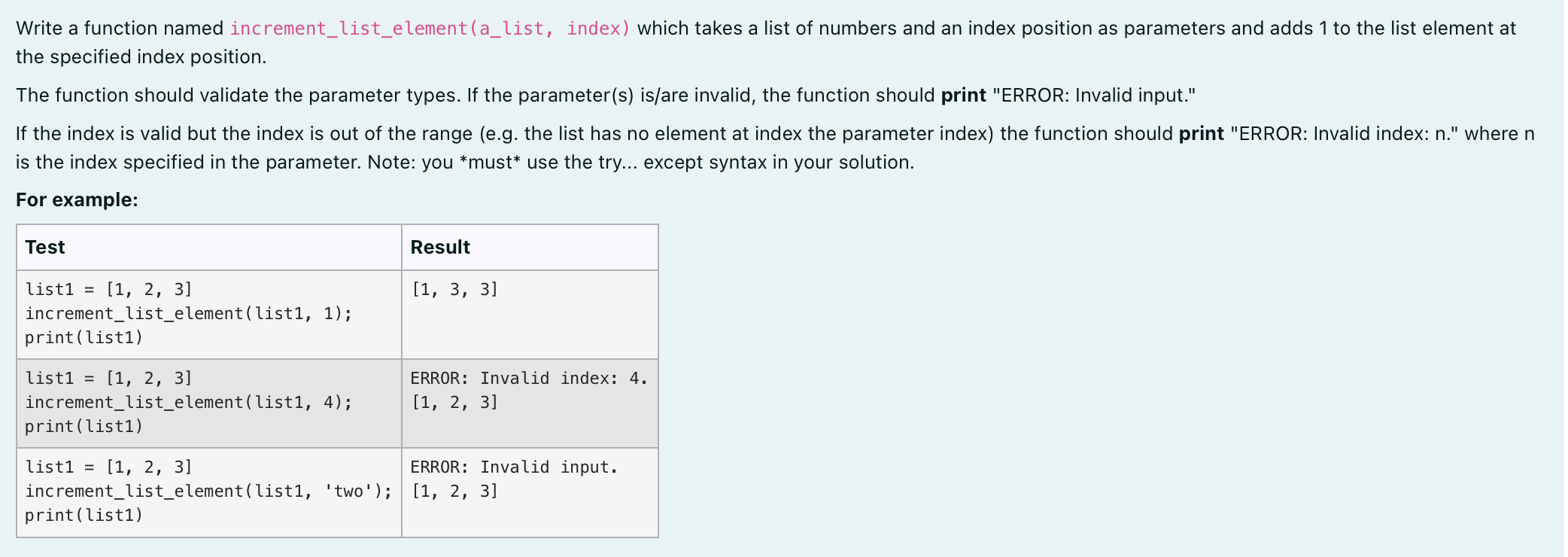 Solved Write a function named increment_list_element(a_list, | Chegg.com
