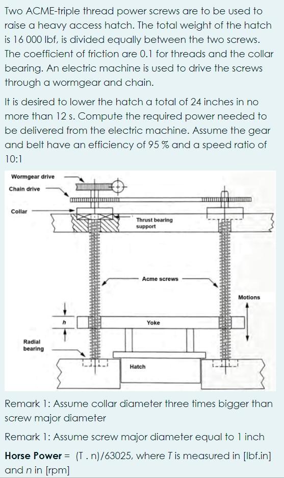 Solved TWO ACME-triple thread power screws are to be used to | Chegg.com