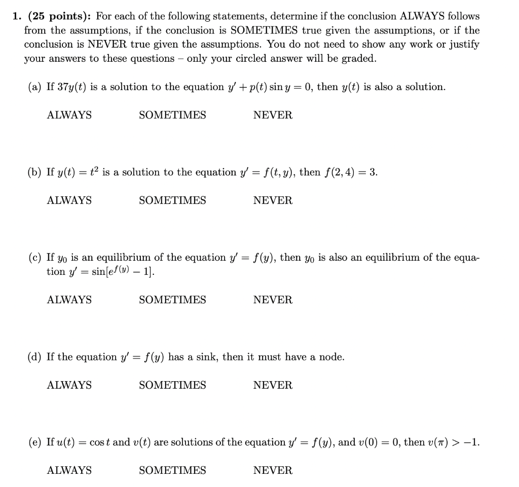 Solved 1. (25 points): For each of the following statements, | Chegg.com