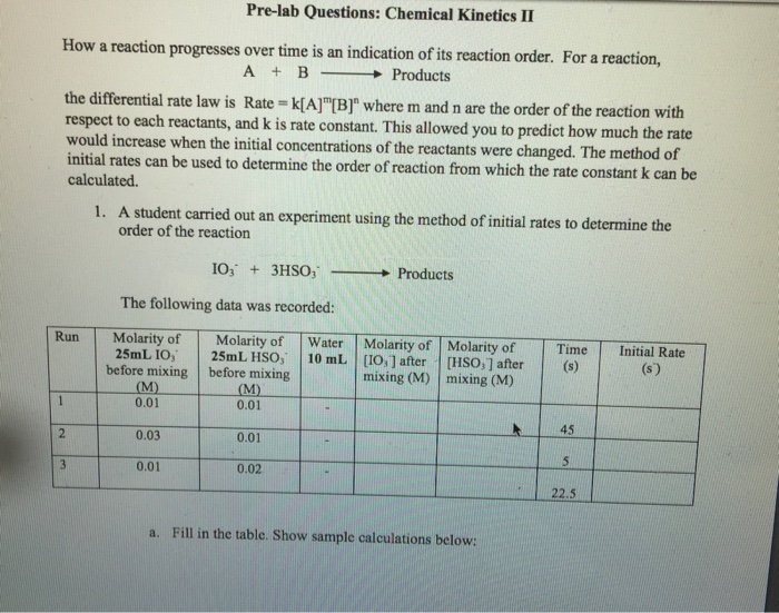Solved Pre-lab Questions: Chemical Kinetics II How a | Chegg.com