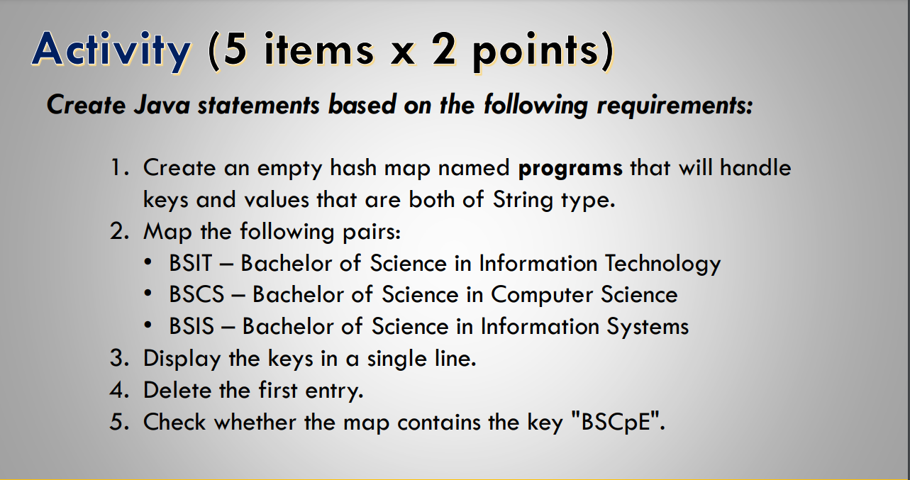 Solved Activity (5 items x 2 points) Create Java statements | Chegg.com
