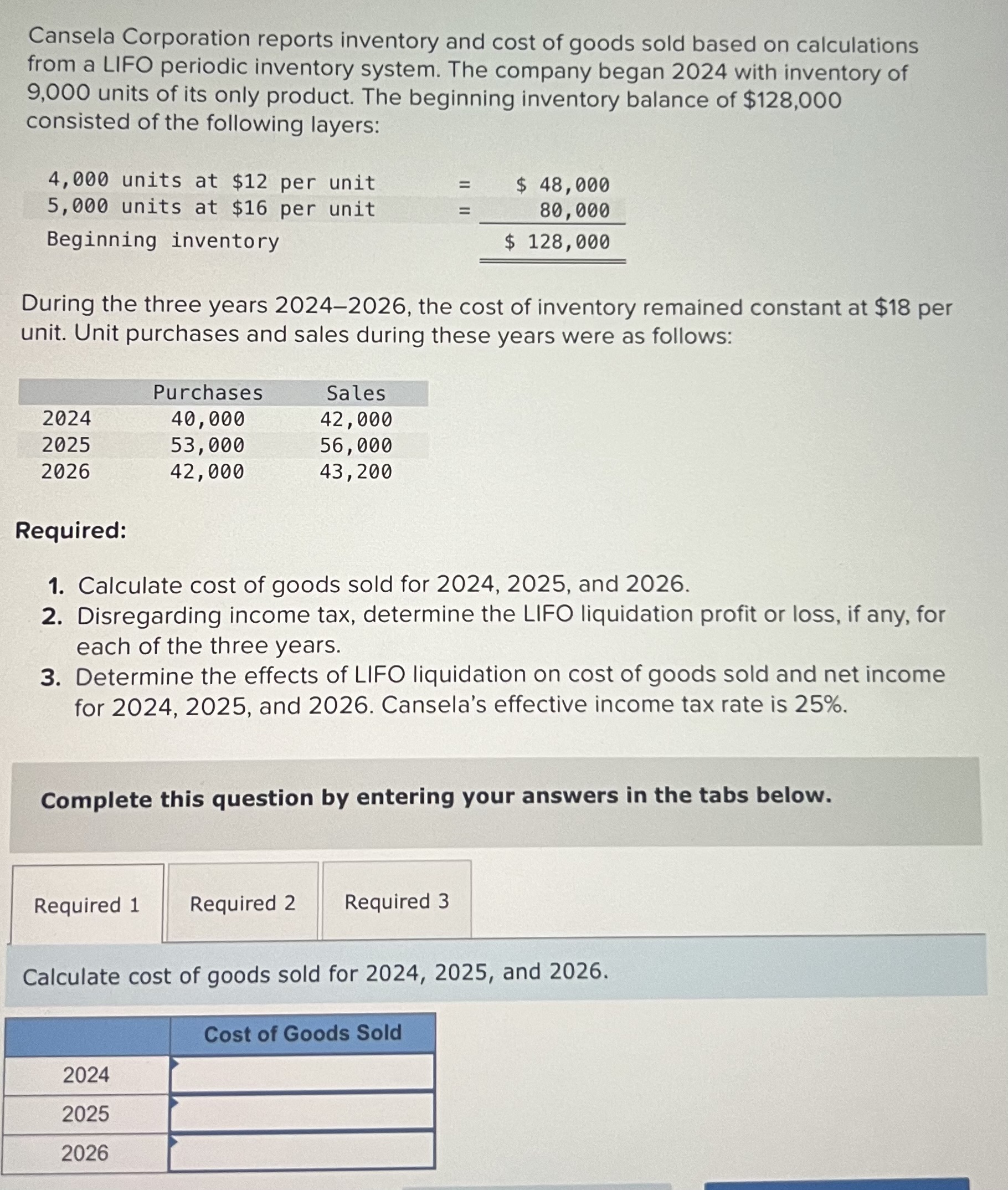 Solved Cansela Corporation reports inventory and cost of | Chegg.com