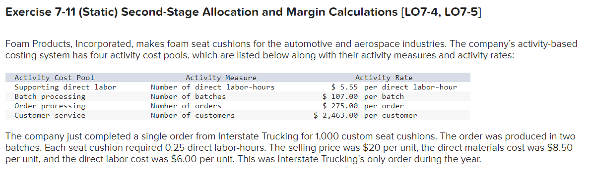 Solved Exercise 7-11 (Static) Second-Stage Allocation and | Chegg.com