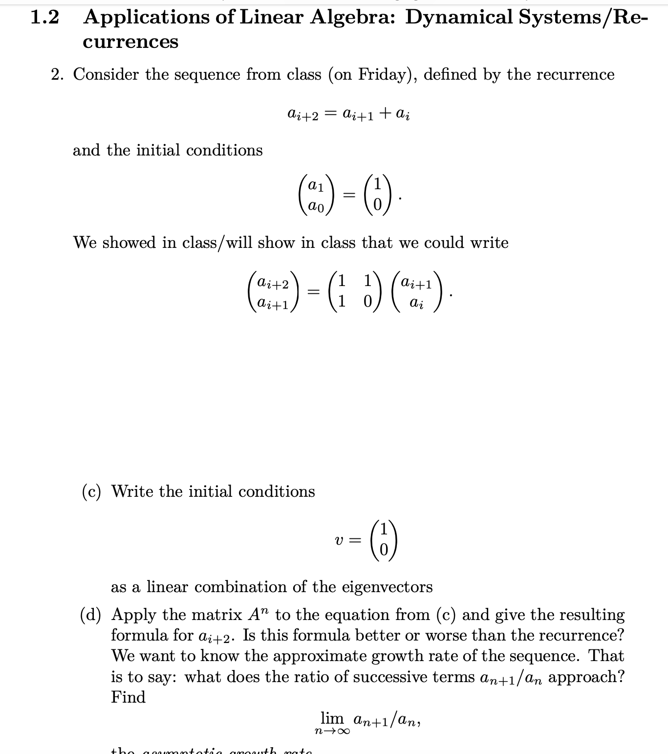 Solved 1.2 Applications of Linear Algebra: Dynamical | Chegg.com
