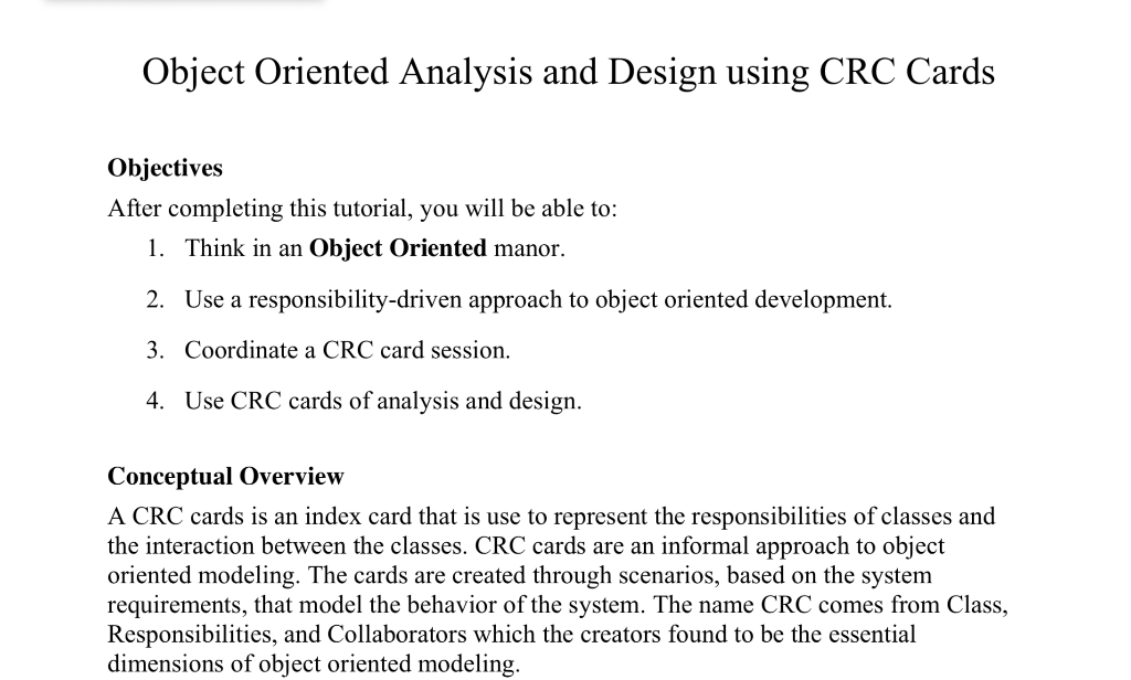 Object Oriented Analysis And Design Using Crc Cards