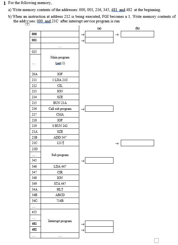 Solved 1 For the following memory, a) Write memory contents | Chegg.com