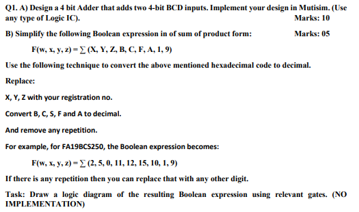 Q1. A) Design a 4 bit Adder that adds two 4-bit BCD | Chegg.com