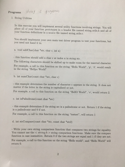 Solved Programs tsing C progem 1. String Utilities In this | Chegg.com