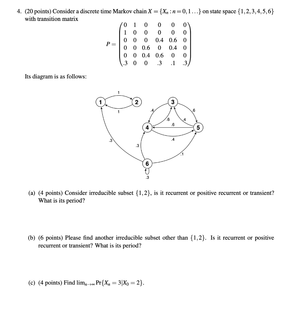 Solved 4. (20 points) Consider a discrete time Markov chain | Chegg.com