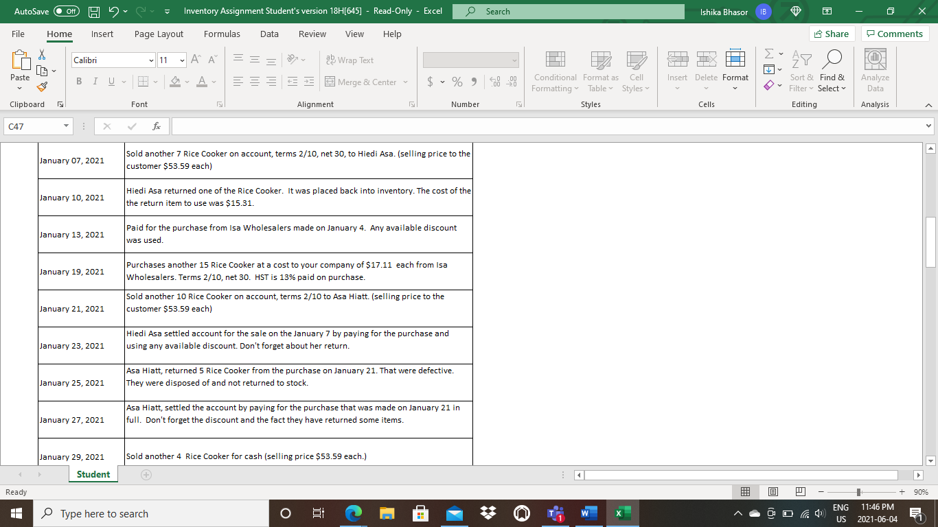 Solved AutoSave Off H. Inventory Assignment Student's | Chegg.com