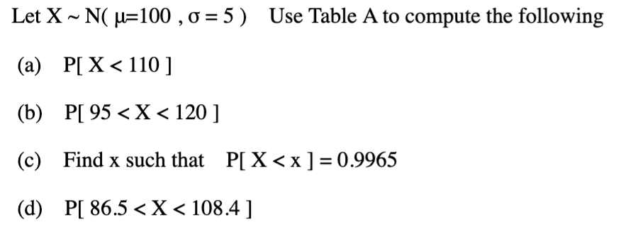 Solved Let x∼N(μ=100,σ=5), ﻿Use Table A to ﻿compute the | Chegg.com
