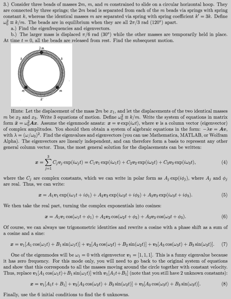 Solved 3.) Consider three beads of masses 2m, m, and m | Chegg.com