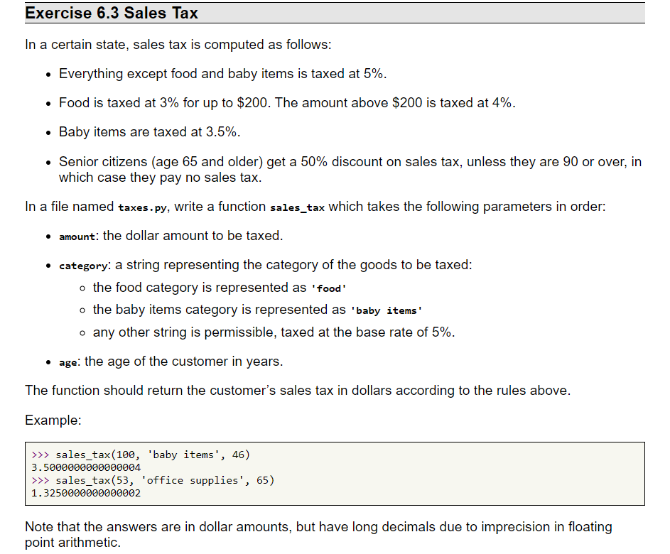 Solved Exercise 6.3 Sales Tax In a certain state, sales tax | Chegg.com