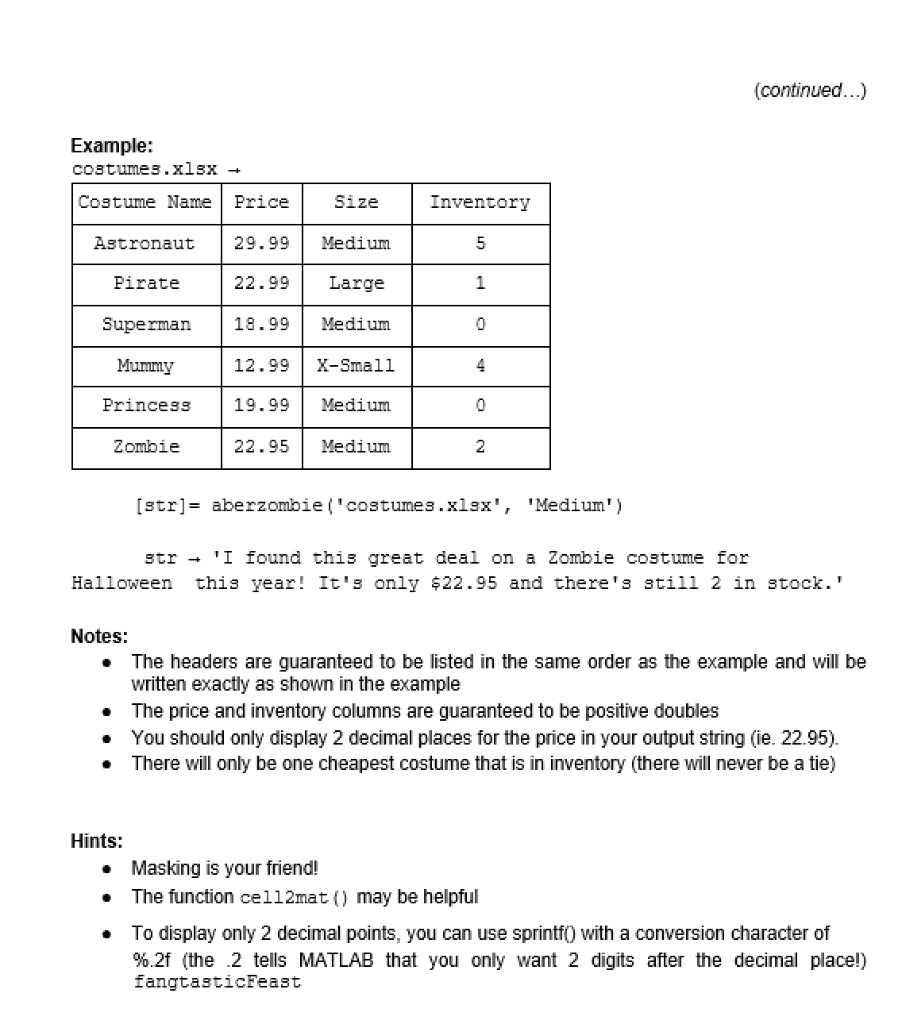 Function Name: Inputs: aberzombie 1. (char ) The name | Chegg.com