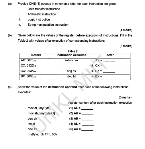 Solved (a) ) Provide ONE (1) opcode in mnemonic letter for | Chegg.com