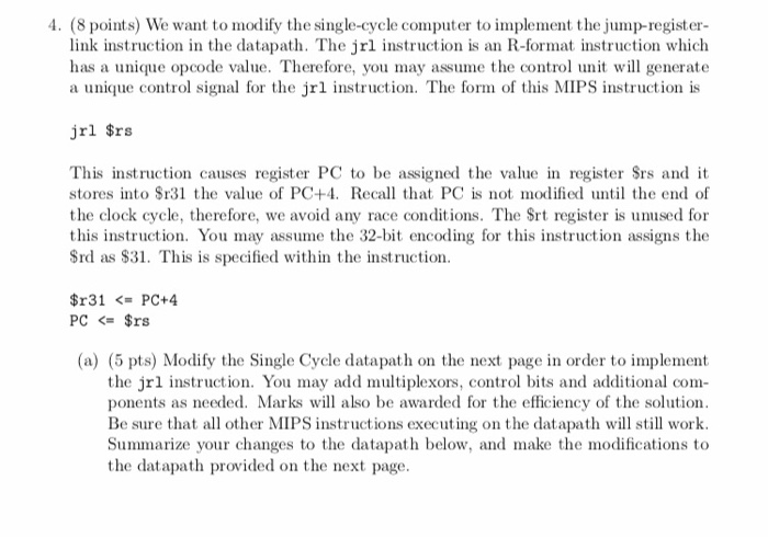4. (8 points) We want to modify the single-cycle | Chegg.com