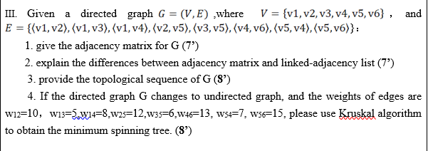 Solved a III. Given a directed graph G = (V, E) ,where V = | Chegg.com