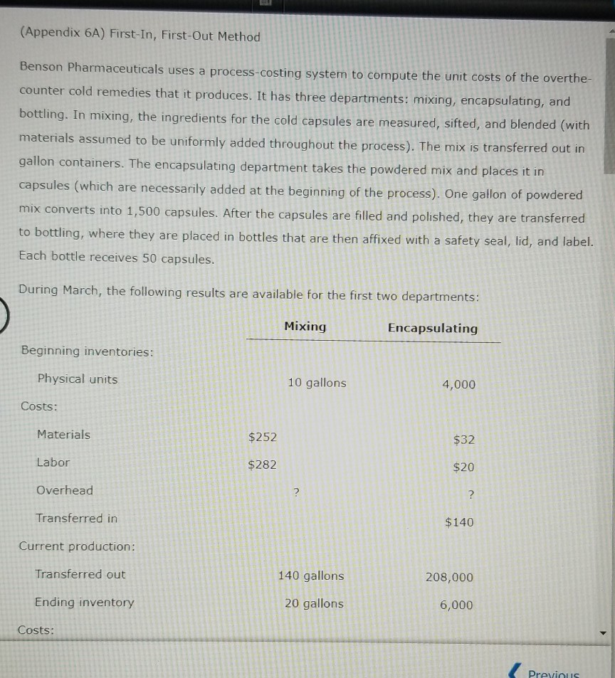 Solved (Appendix 6A) First-In, First-Out Method Benson | Chegg.com